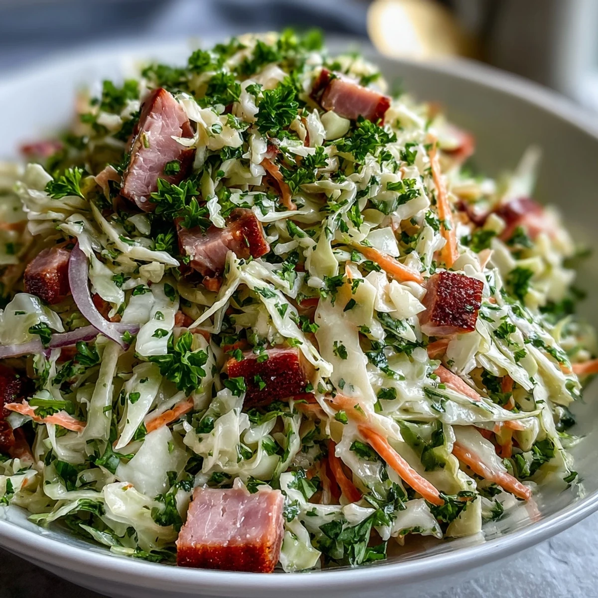 German Cabbage Coleslaw With Shredded Ham - Tangy & Smoky Side Dish